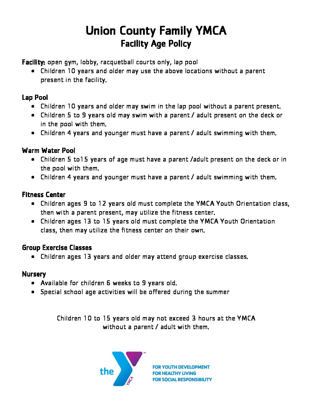 Facility Age Policy – UNION COUNTY FAMILY YMCA