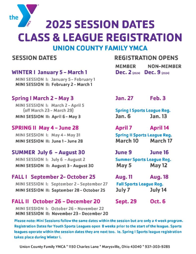 Session Calendar 2025 – UNION COUNTY FAMILY YMCA