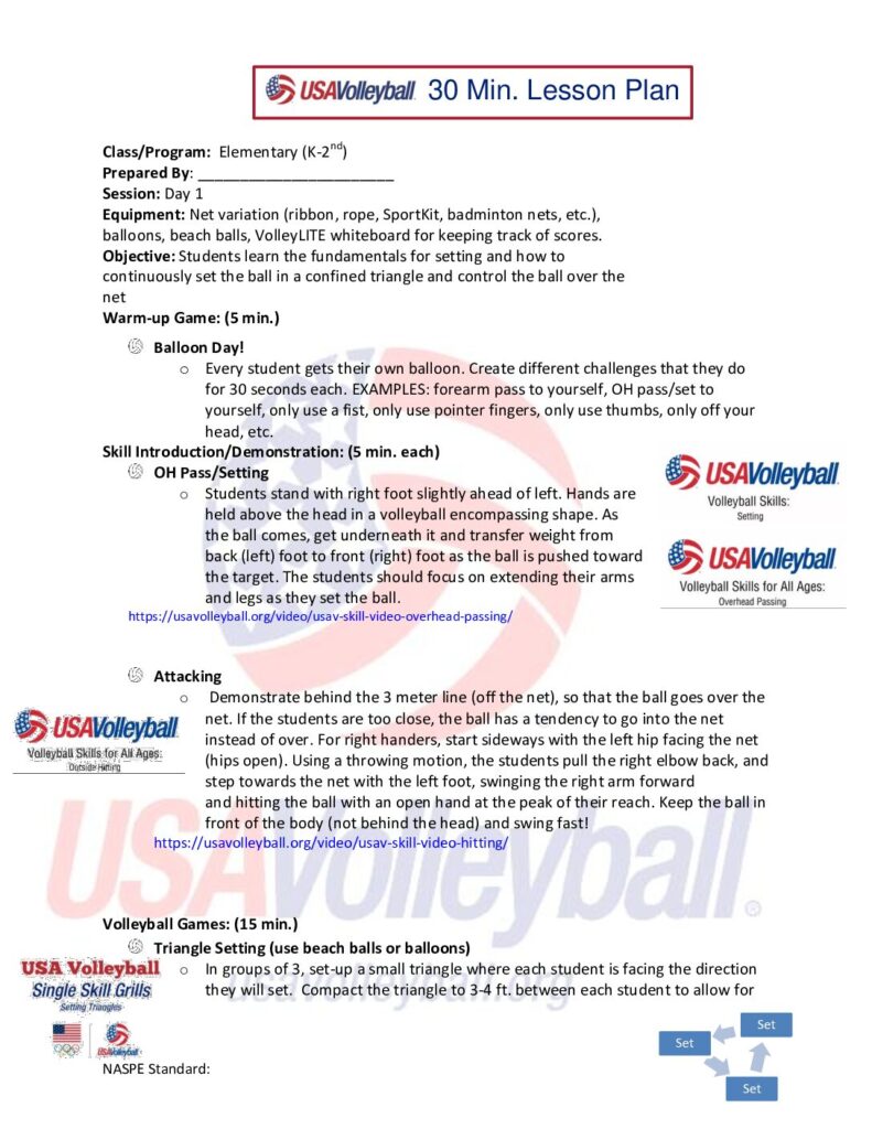 Volleyball K-2nd Grade Lesson Plans – UNION COUNTY FAMILY YMCA
