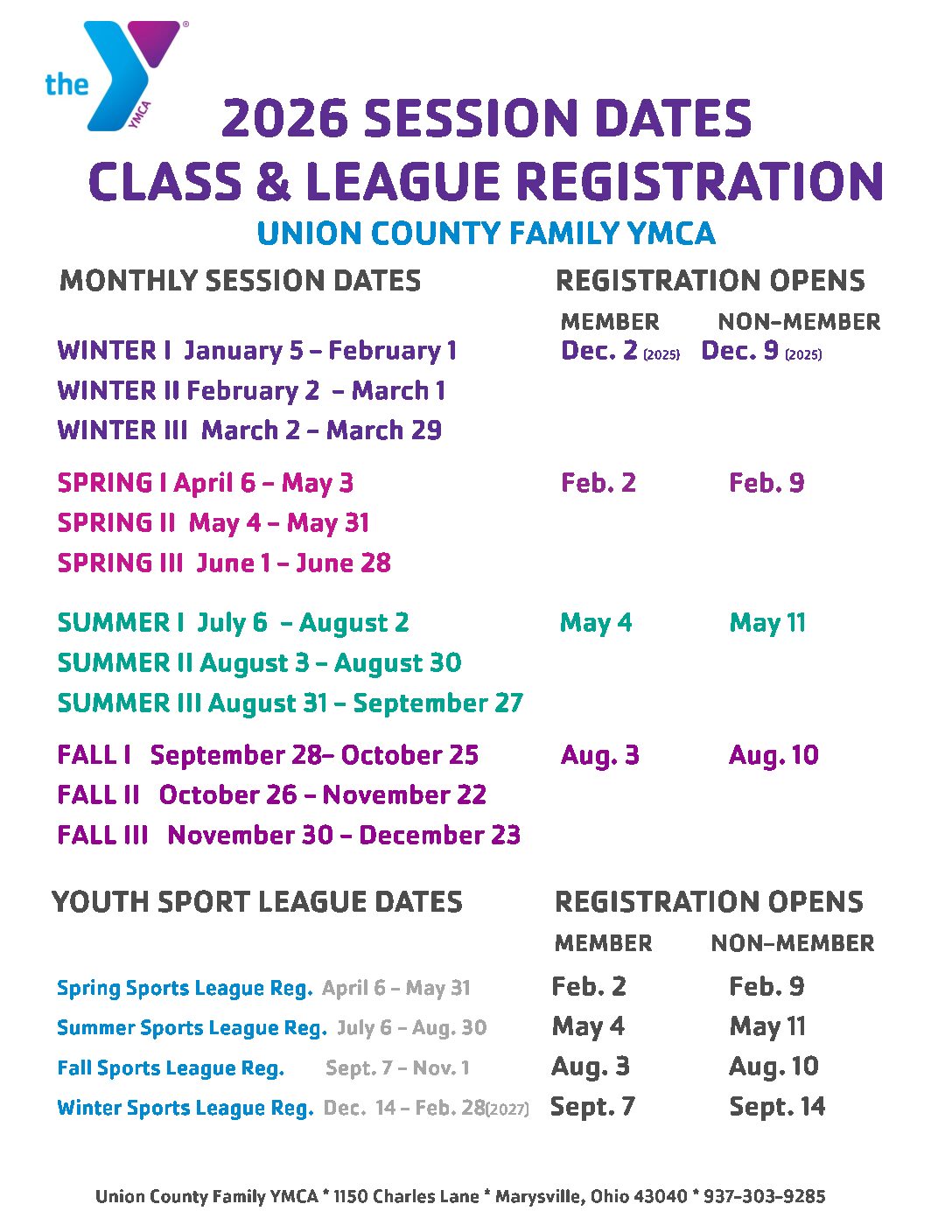 Session Calendar 2026 – UNION COUNTY FAMILY YMCA