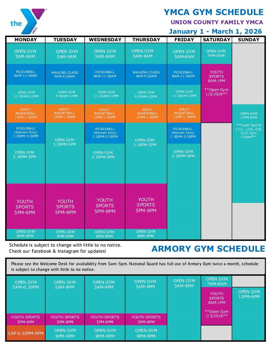 January 1 - March 1, 2026 Gym Schedule – UNION COUNTY FAMILY YMCA